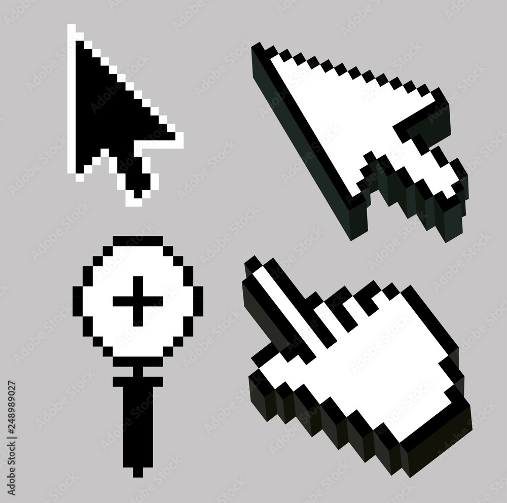 set arrow with magnifying glass and hand cursor Stock Vector | Adobe Stock