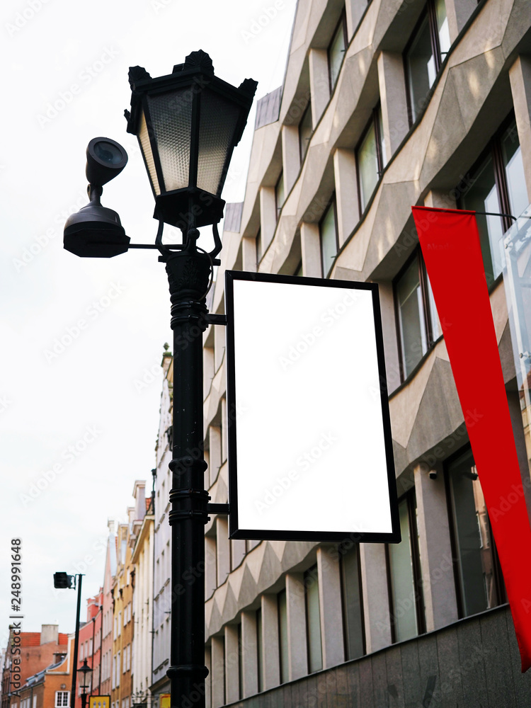 Signboard side view of empty white mock up signage in black frame with ...
