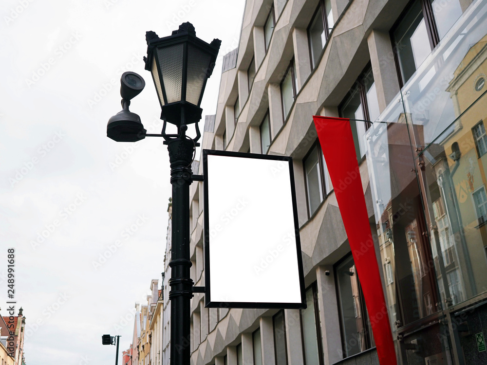 Signboard side view of empty white mock up signage in black frame with ...