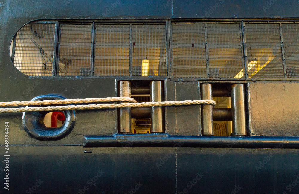 Rope mooring lines, fairleads and chock near stern on port side of ...