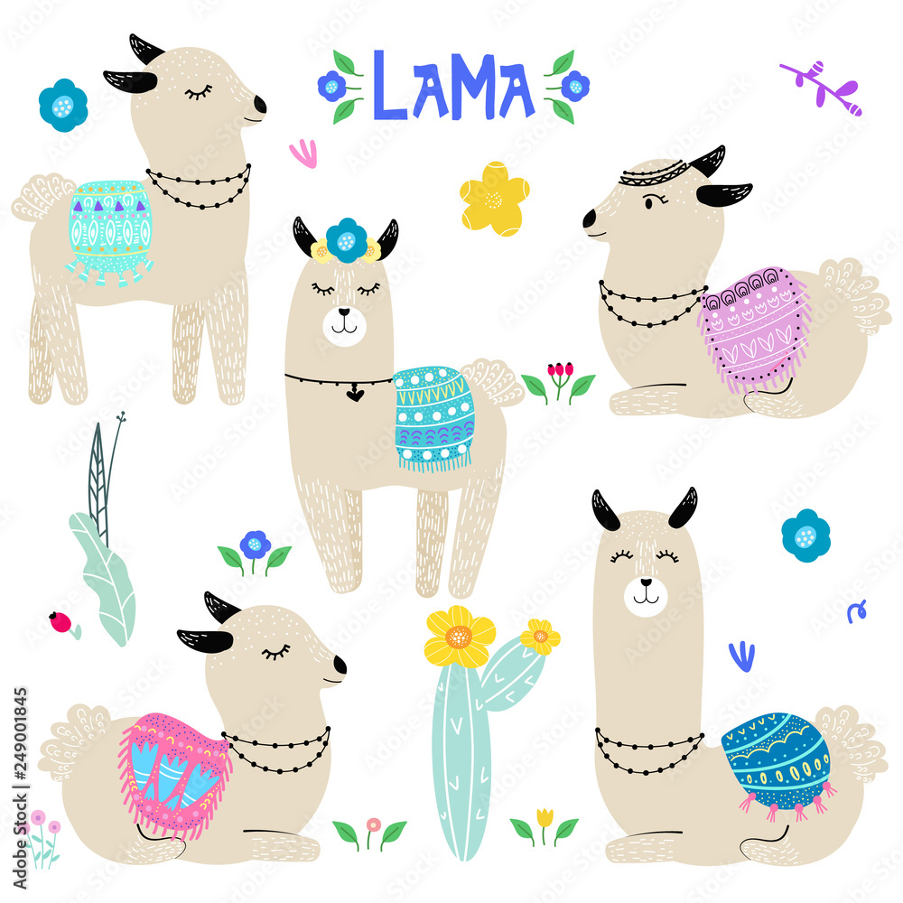 Cute lamas set of characters vector illustration..Modern hand drawn ...
