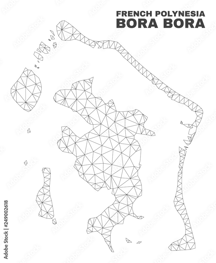 Abstract Bora-Bora map isolated on a white background. Triangular mesh model in black color of ...