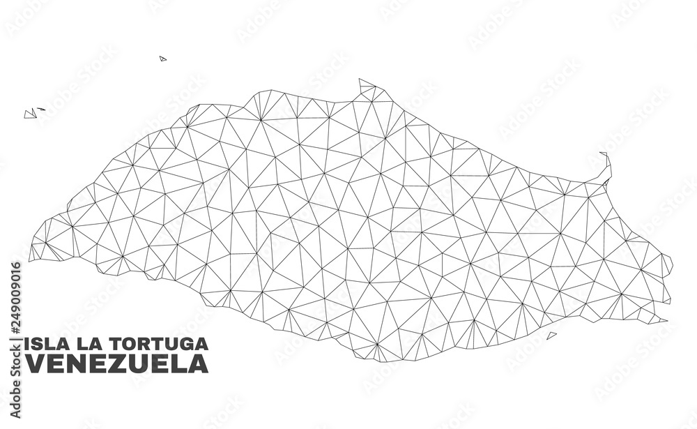 Abstract Isla La Tortuga map isolated on a white background. Triangular mesh model in black ...