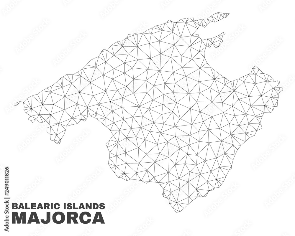 Abstract Majorca map isolated on a white background. Triangular mesh model in black color of ...