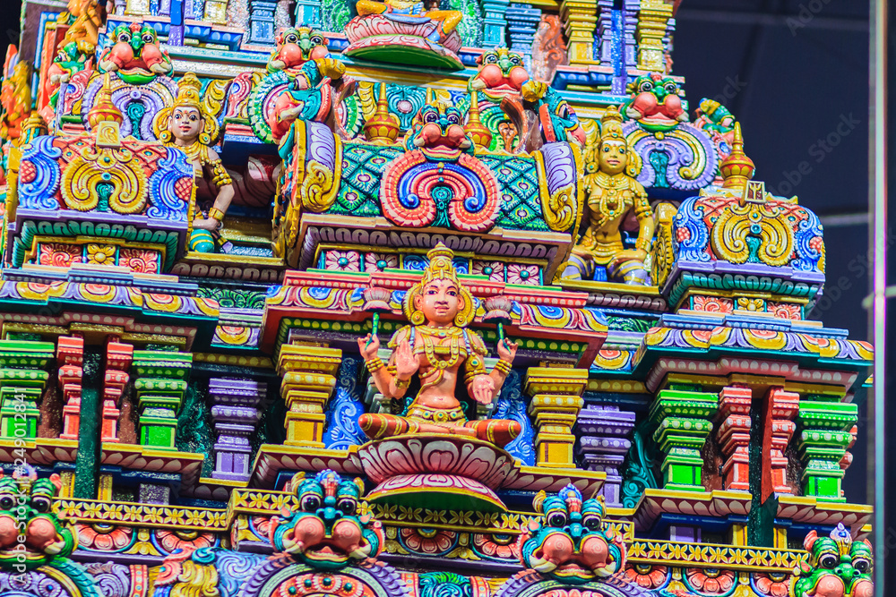 Colorful night view of indian gods sculpture at Sri Maha Mariamman ...