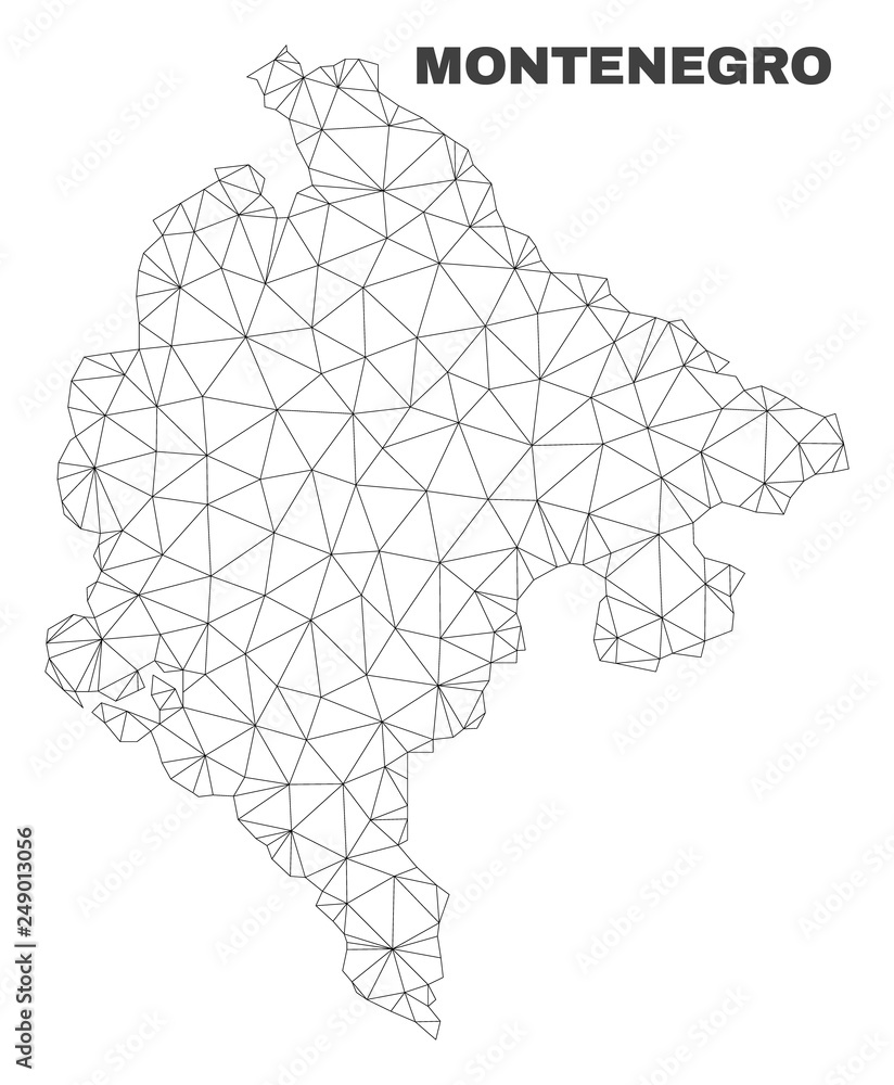Abstract Montenegro map isolated on a white background. Triangular mesh model in black color of ...