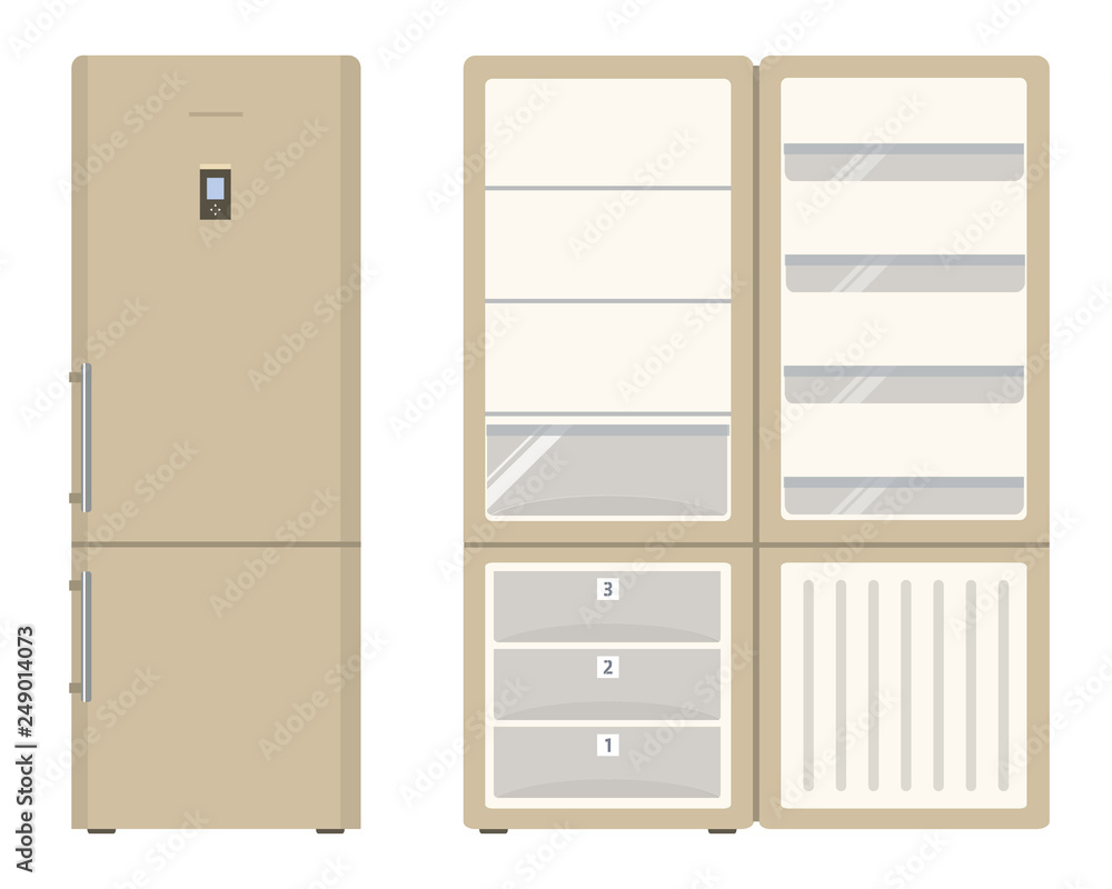 Beige fridge. An empty refrigerator with an open door, no food. Food ...