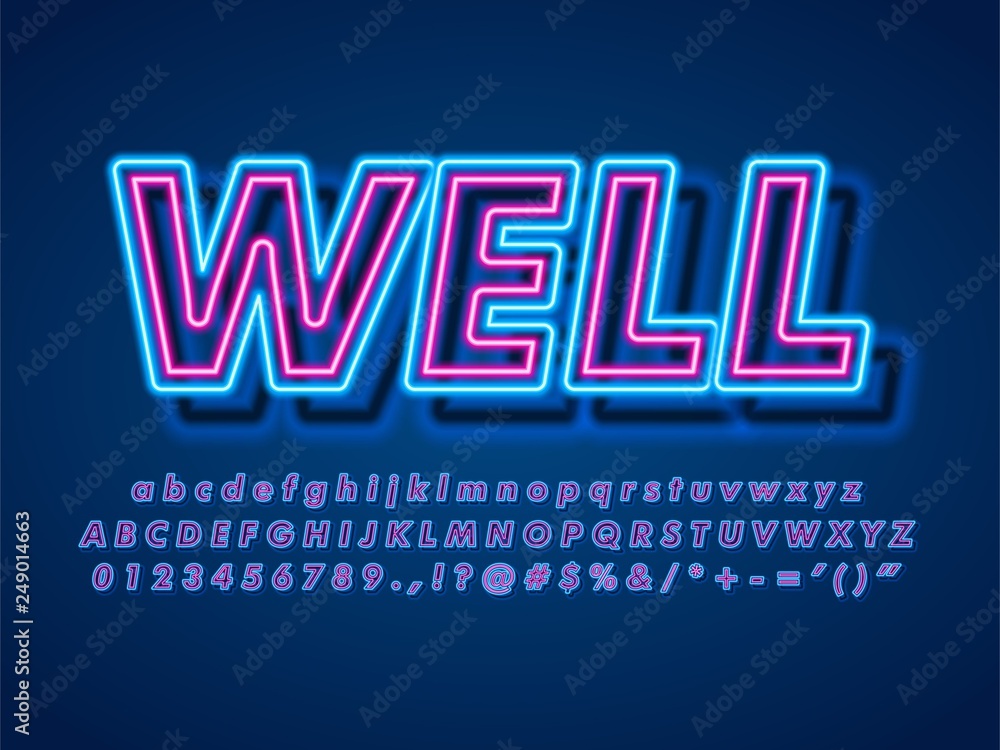modern neon alphabet. glowing bright 3d double pop neon text effect ...