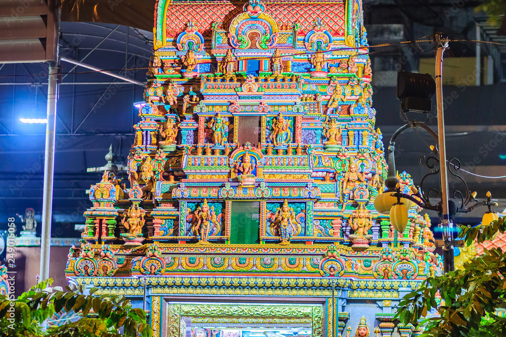 Colorful night view of indian gods sculpture at Sri Maha Mariamman ...