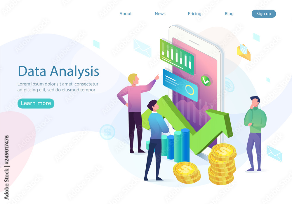 Data analysis concept with characters. Engine strategy, analyzing ...