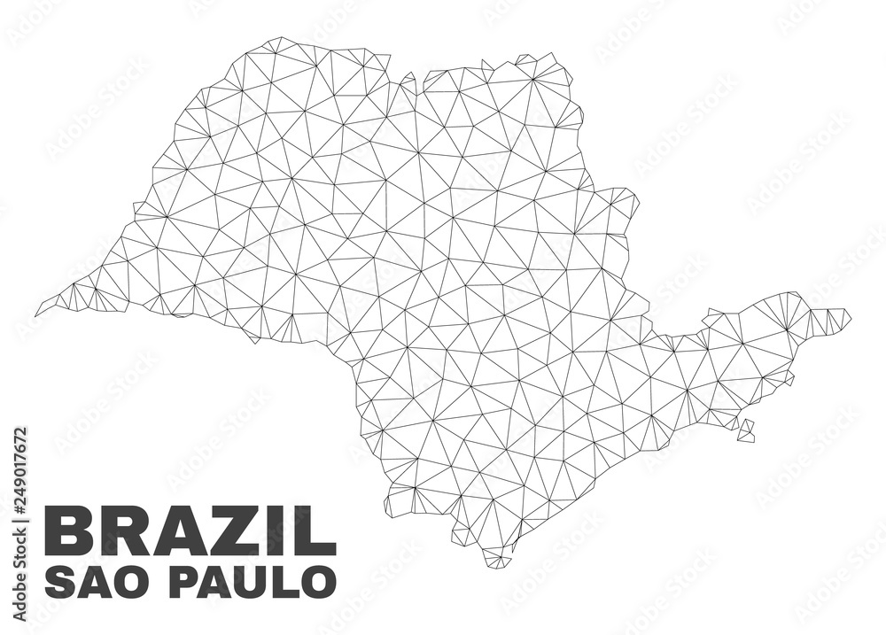Abstract Sao Paulo State map isolated on a white background. Triangular mesh model in black ...