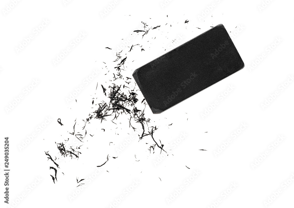 Black eraser scrap and eraser on white background, top view. Stock ...