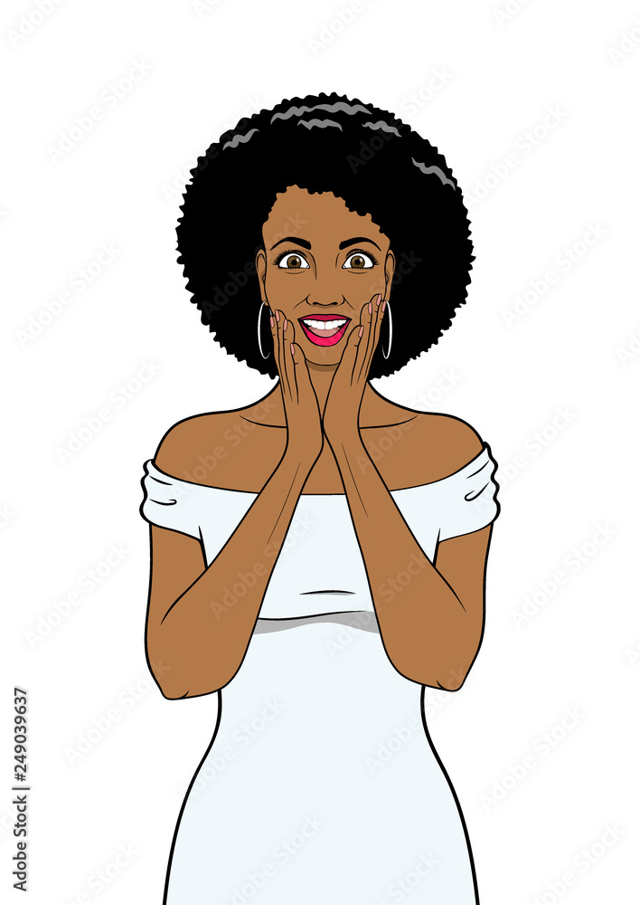 Wow Pop Art Face Pretty Surprised African Woman With Open Mouth