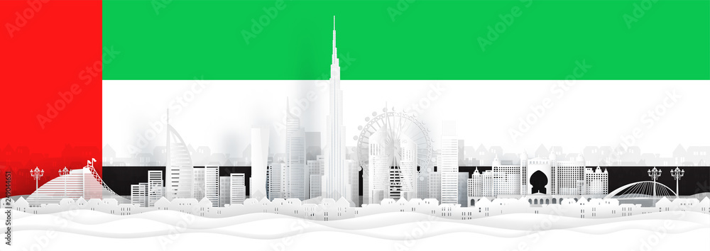 Dubai flag and famous landmarks in paper cut style vector illustration ...