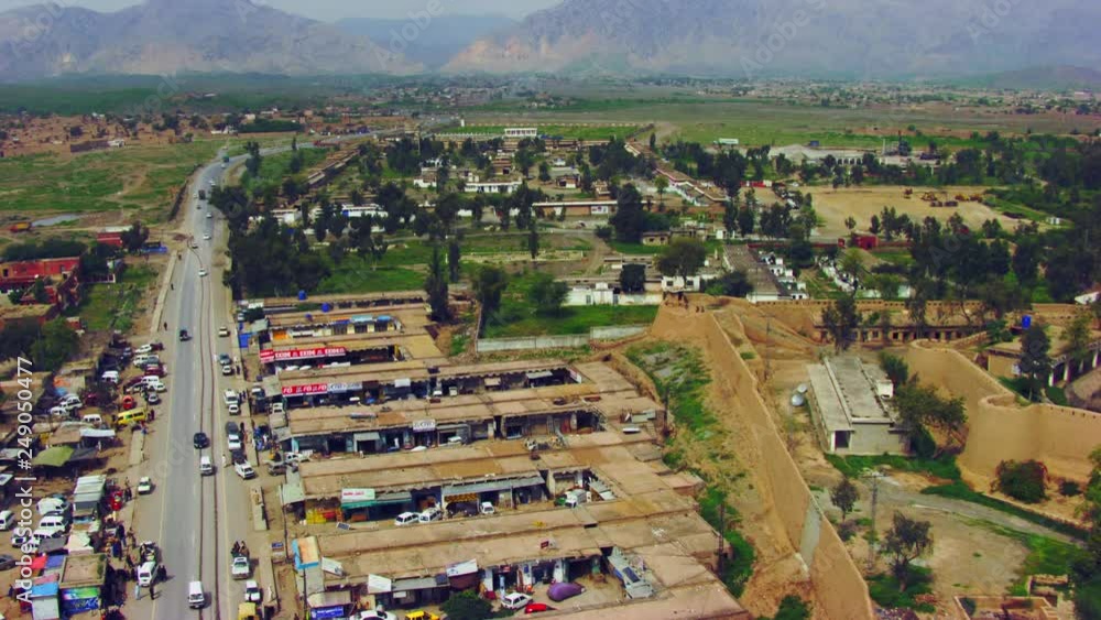 Peshawar, Pakistan, Aerial view of busy mountain pass connecting the ...