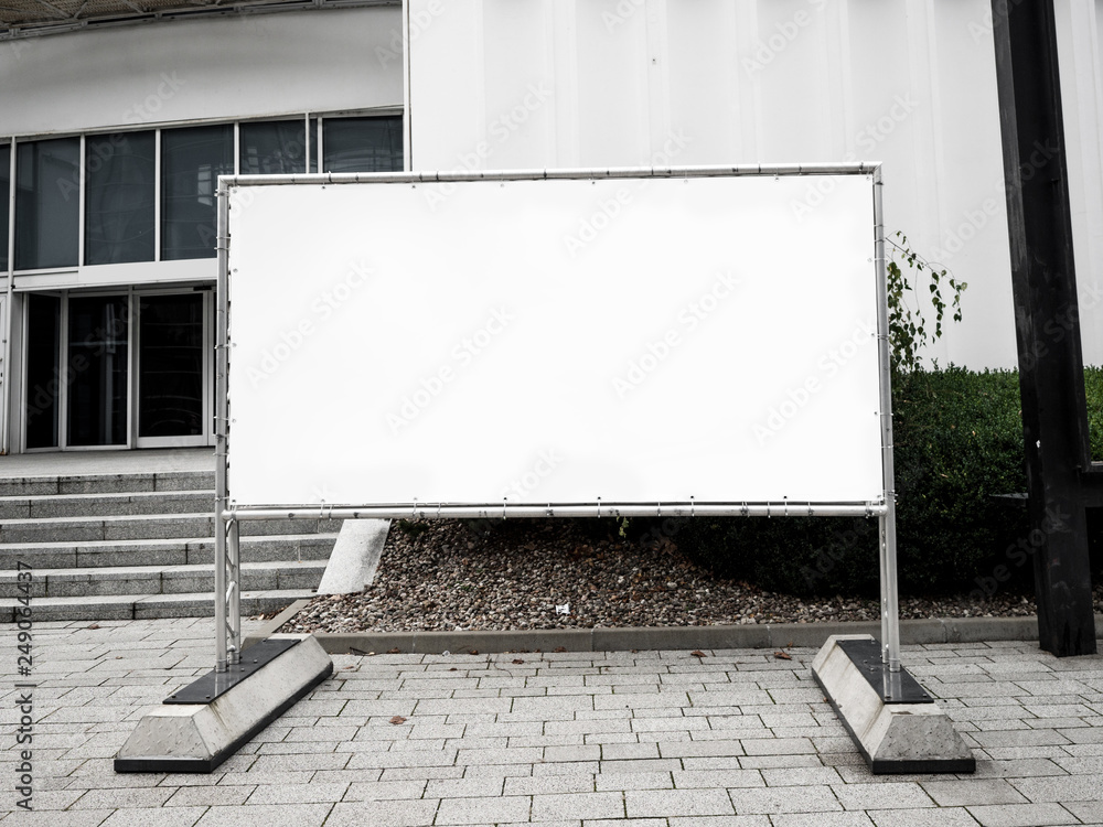 Signboard side view of empty white mock up signage in black frame with ...