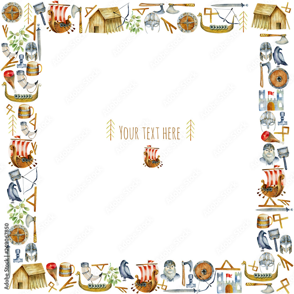 Frame with watercolor elements of viking culture, hand drawn ...