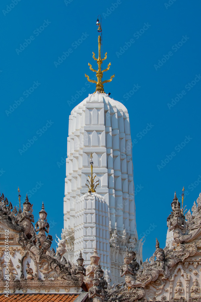 Beautiful ancient white pagoda with stucco of master craftsmanship on ...