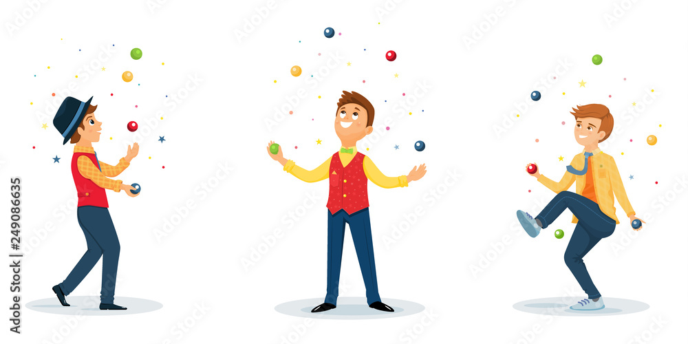 Set of jugglers perform a circus trick. Artist jugging rings,maces and ...