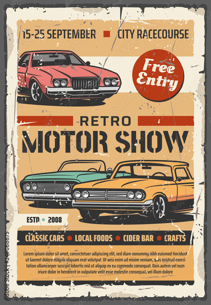 Motor show, vector retro vintage cars Stock Vector | Adobe Stock