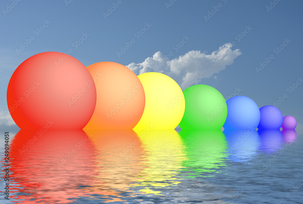 Seven three-dimensional spheres (balls) of 7 different colors in ...
