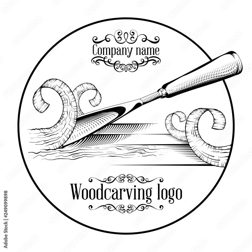 Woodcarving logotype Illustration with a chisel, cutting a wood slice ...