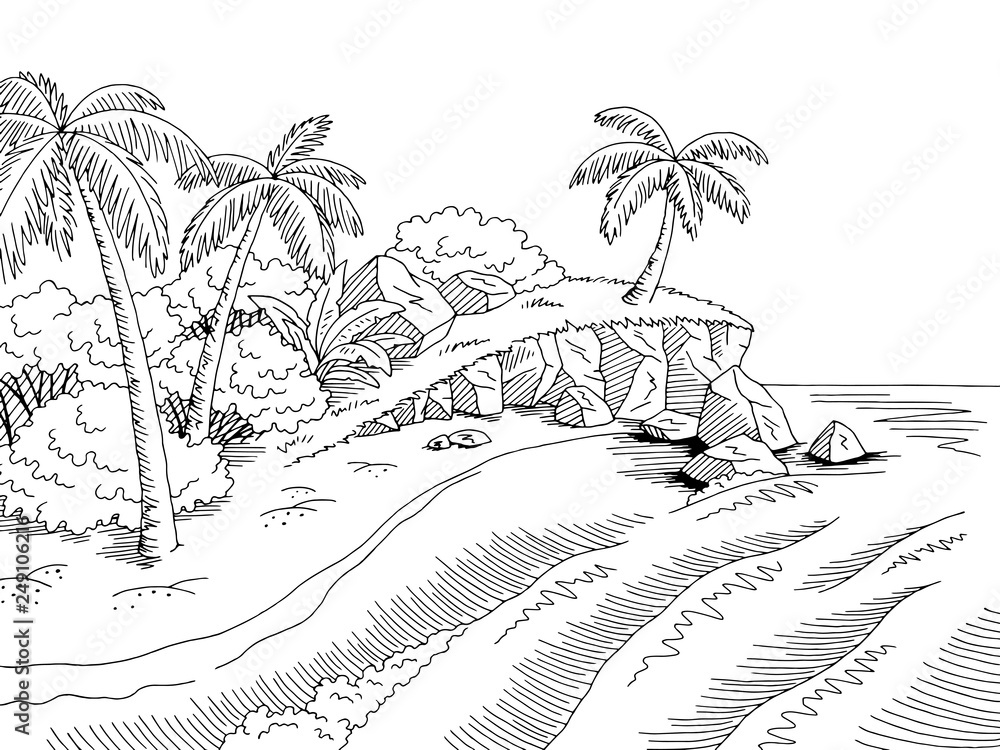 Sea coast graphic black white landscape sketch illustration vector ...