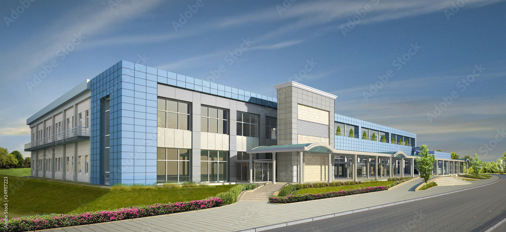 horizontal building with vertical entrance. 3d rendering Stock ...