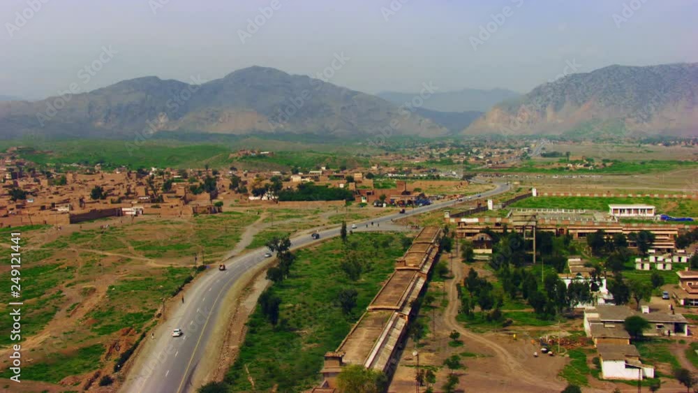 Peshawar, Pakistan, Aerial view of busy mountain pass connecting the ...
