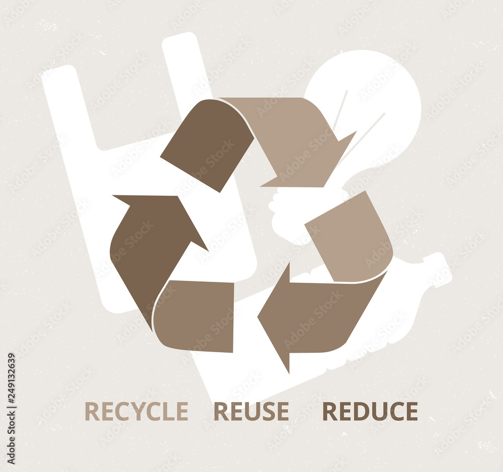 Symbol of Recycle with bottle, bulb and bag. Ecology banner with ...