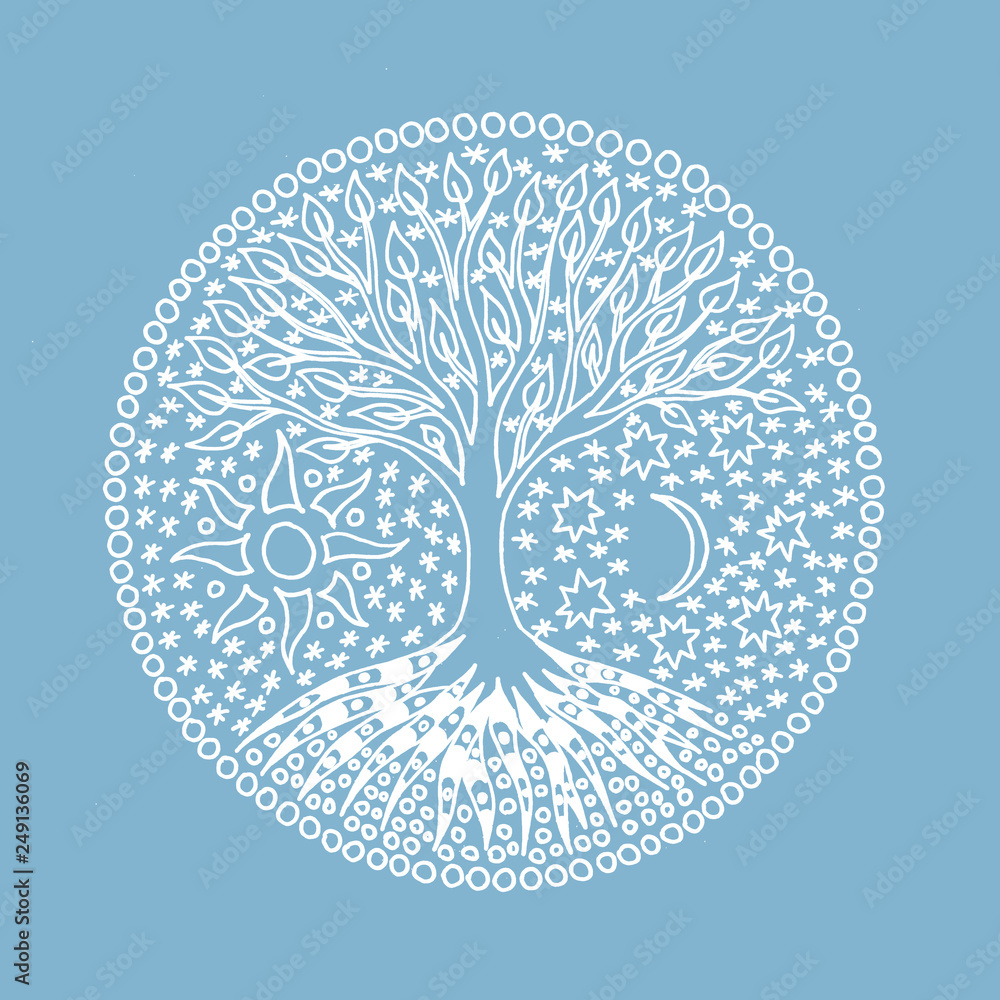The tree of life in circle mandala on a light blue background. Hand ...