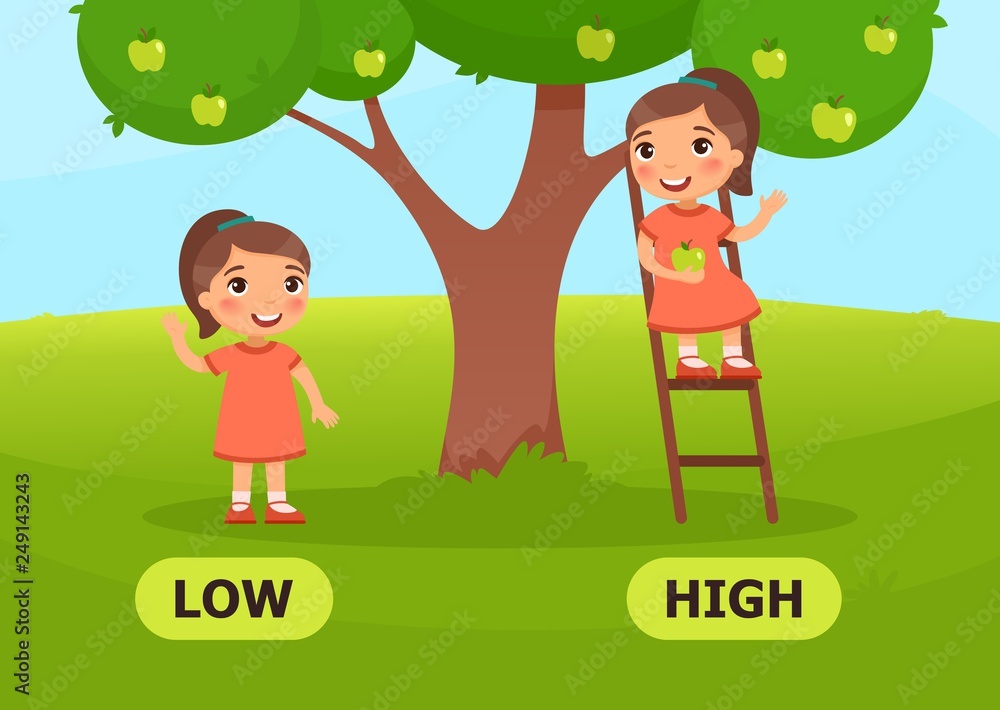 Vector antonyms and opposites. LOW and HIGH. Card for teaching aid, for ...