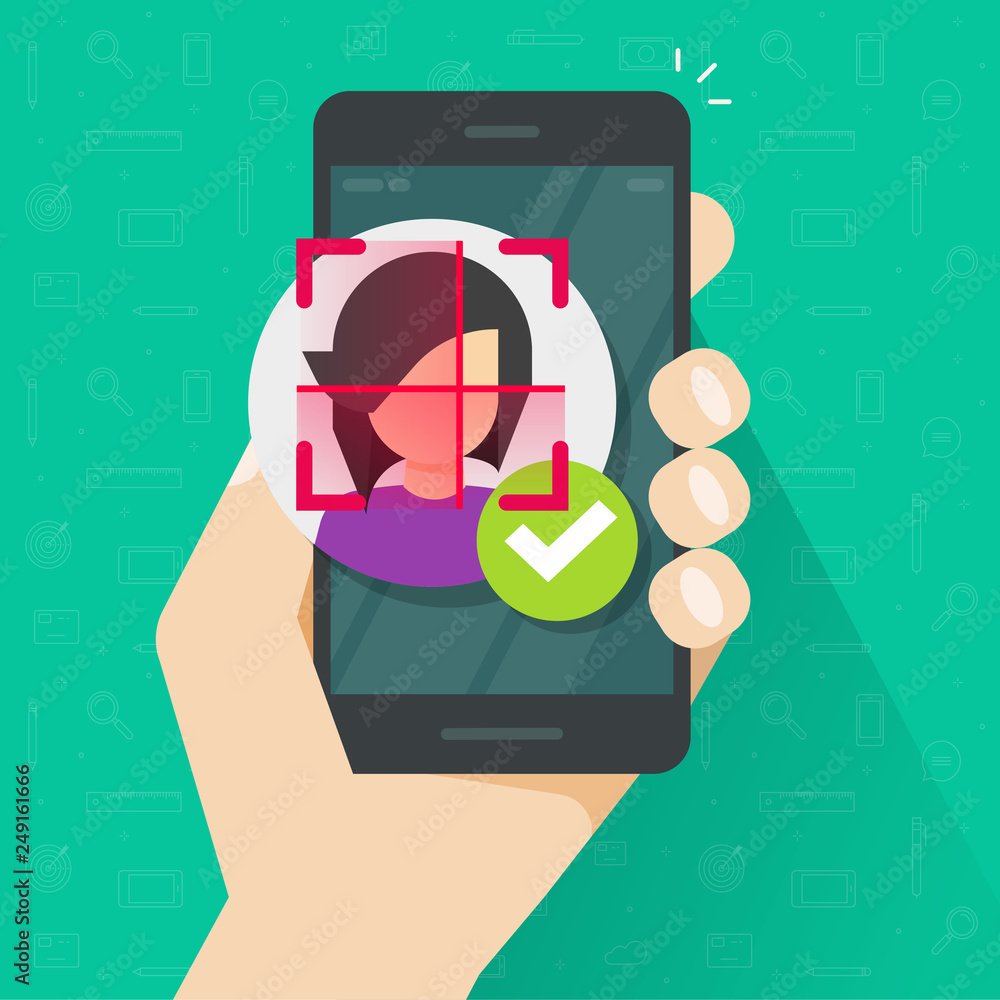 Face id recognition via mobile phone vector illustration, flat cartoon ...