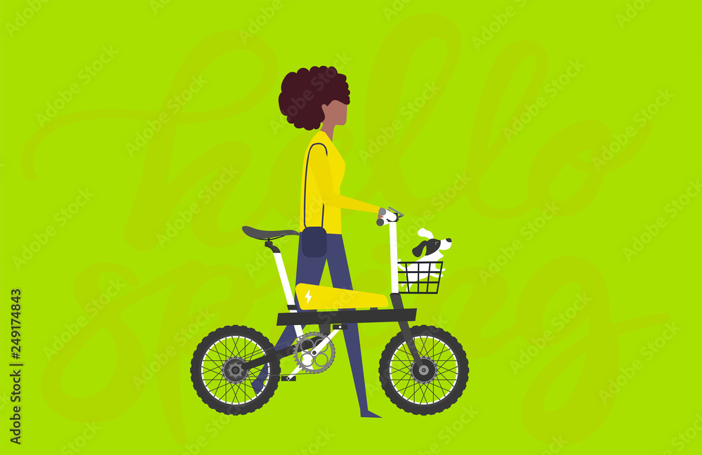 Cartoon picture with black woman riding fast modern electric bicycle ...