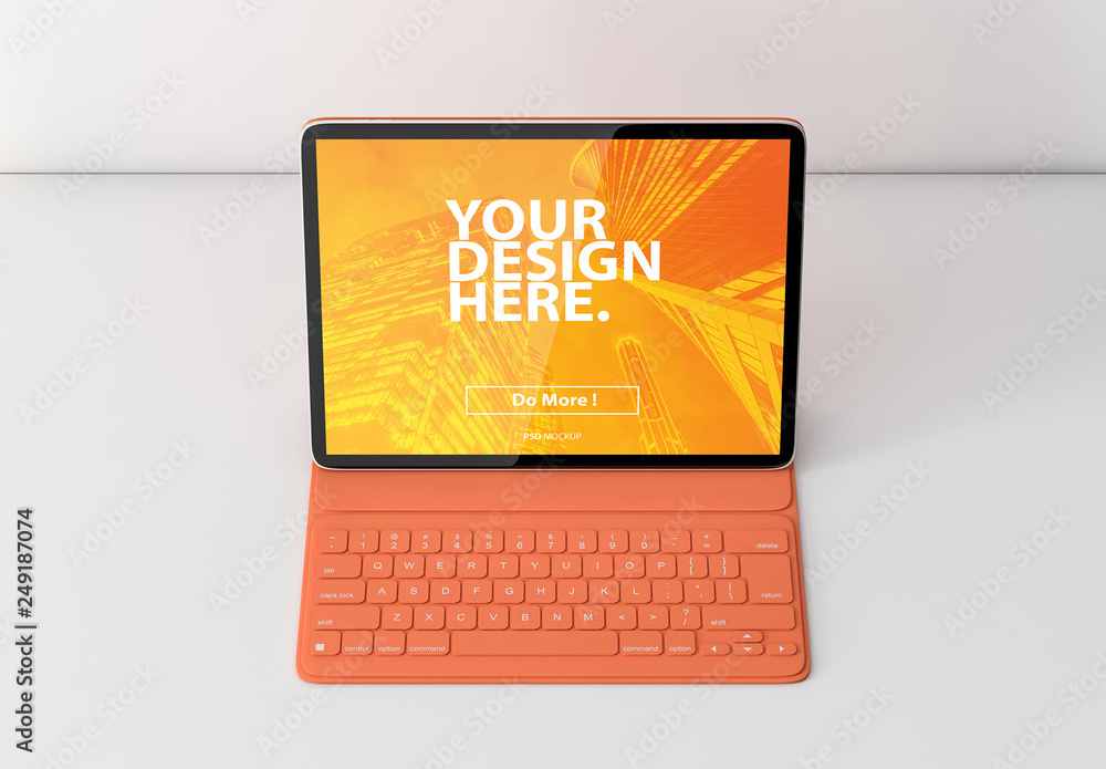 Tablet with Orange Keyboard Mockup Stock Template | Adobe Stock