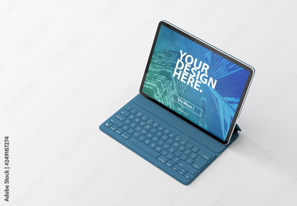 Tablet with Blue Keyboard Mockup Stock Template | Adobe Stock