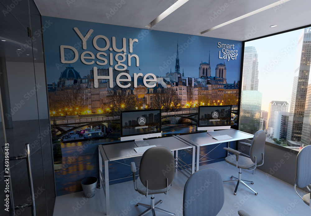Office Wall and Desktop Computers Mockup Stock Template | Adobe Stock