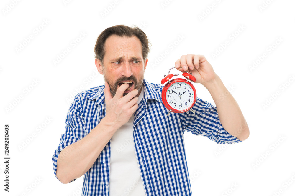 Foto de Figure out why you are always late. Man bearded mature guy hold ...