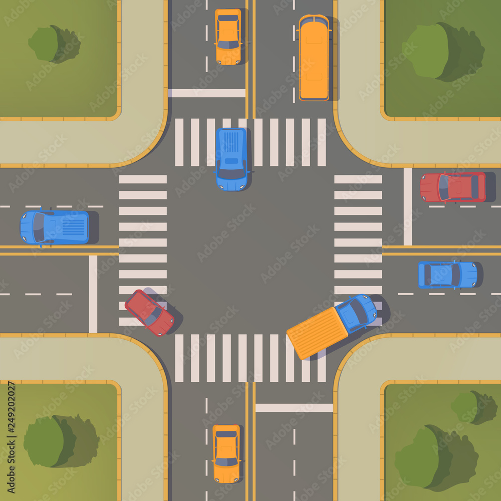 Crossroads of two roads with pedestrian paths, curbs and boards, road ...