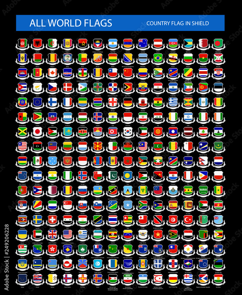 All World Country Flags Shield Icons isolated on black background Stock ...