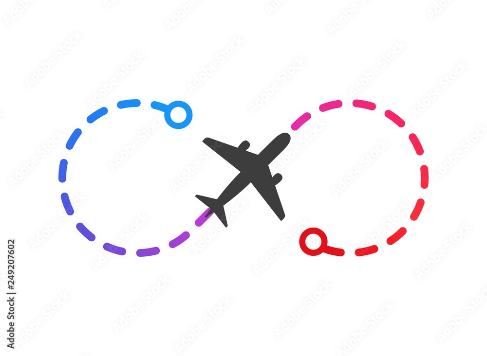 Airplane logo on color flight route from point A to point B vector ...