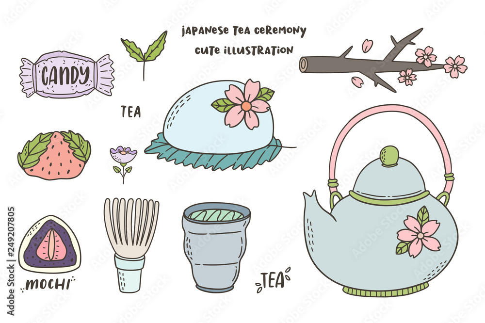 Pack of illustrated objects of traditional japanese tea drinkinc ...