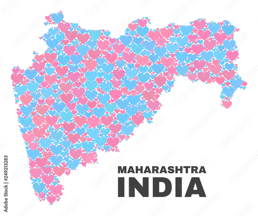 Mosaic Maharashtra State map of love hearts in pink and blue colors ...