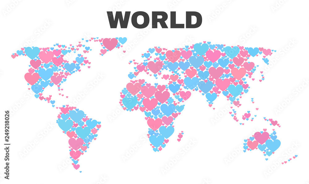 Mosaic world map of love hearts in pink and blue colors isolated on a ...