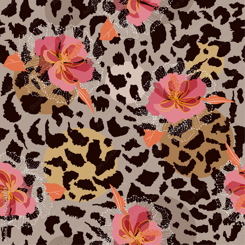 Soft and gentle blooming flower on animal skin leopard prints seamless ...