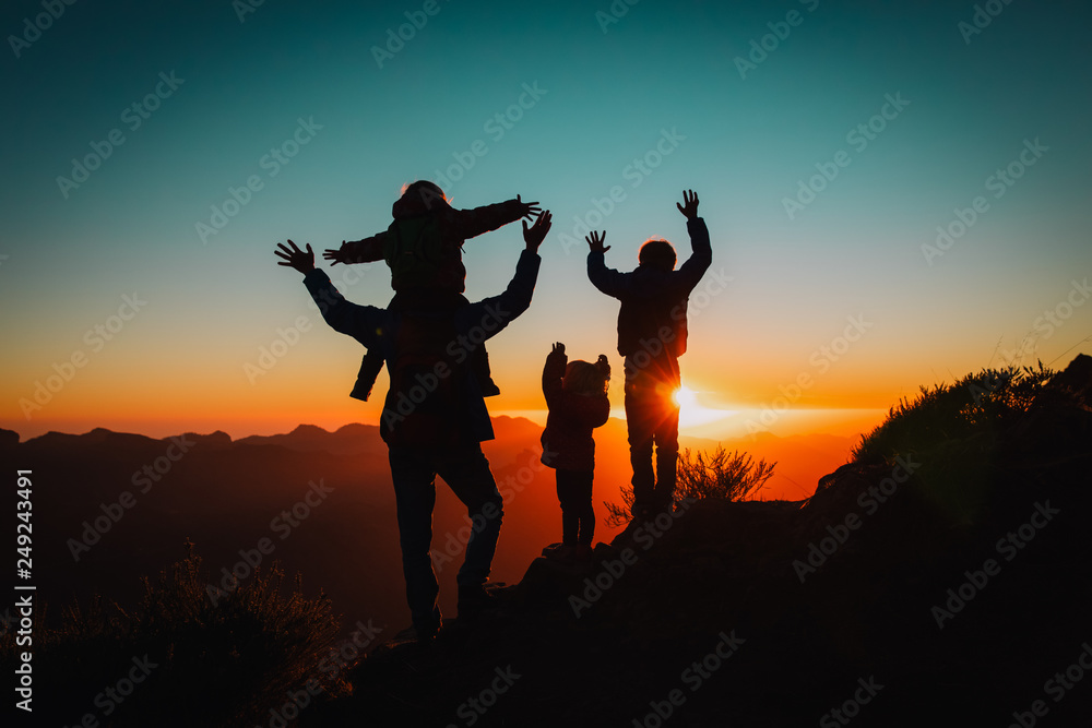 happy father with kids travel in sunset mountains, family hiking in ...