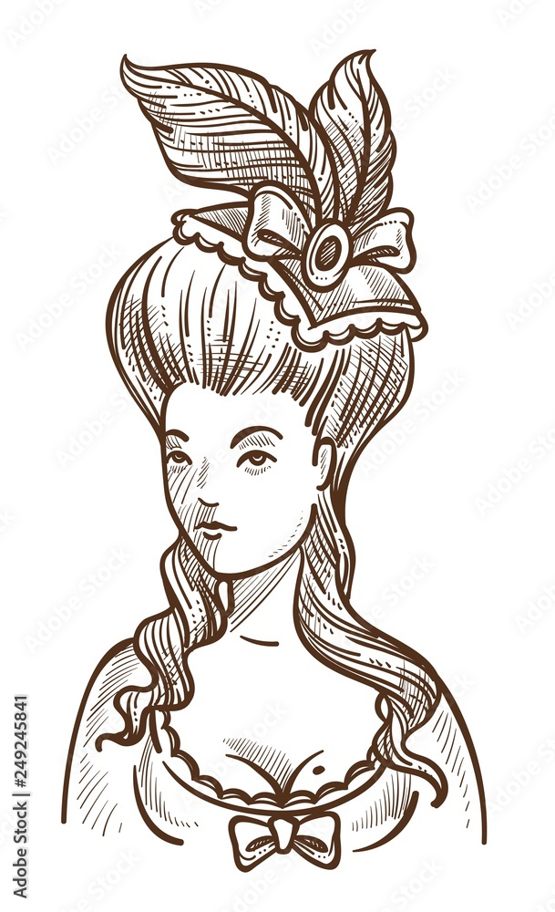 Medieval woman in dress with feathers in head and big hairstyle sketch ...