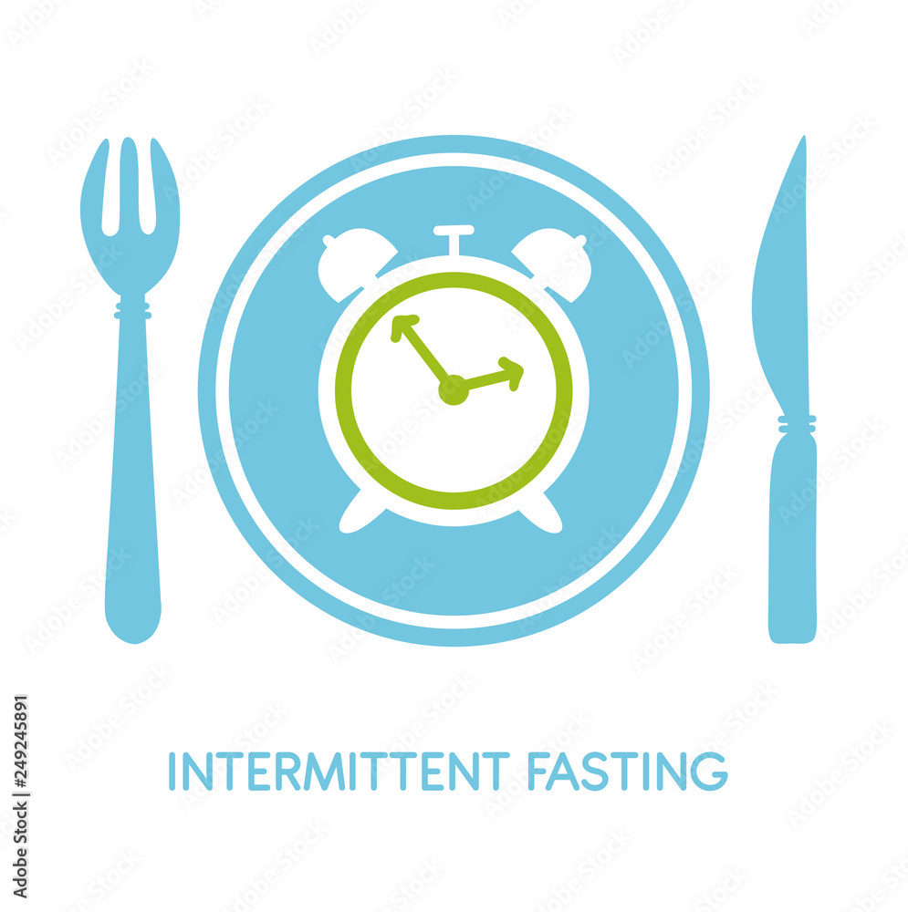 Intermittent Fasting. Vector illustration of a plate with a fork, a ...