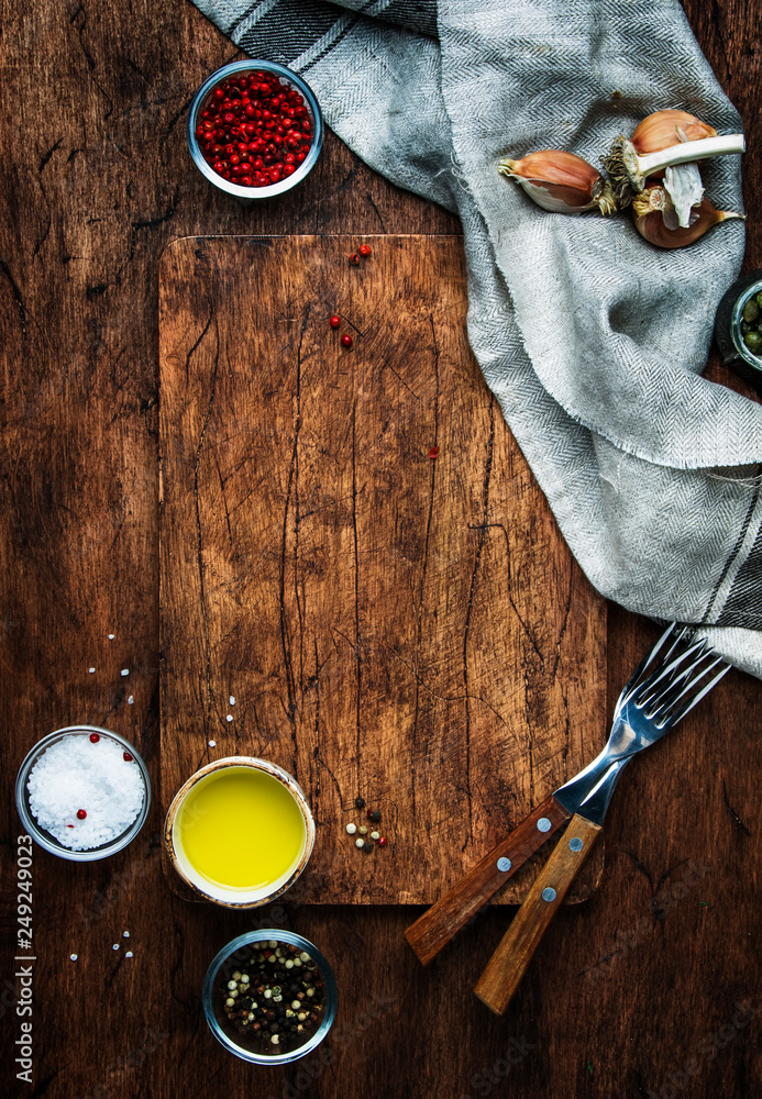 Food cooking background, vertical template. Serving, cutting board on ...