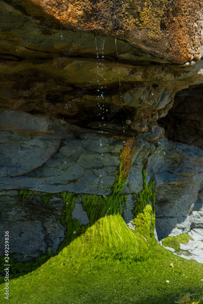 Waterdrops dripping. Rocks and cliffs at Farewell Spit Beach. Westcoast ...